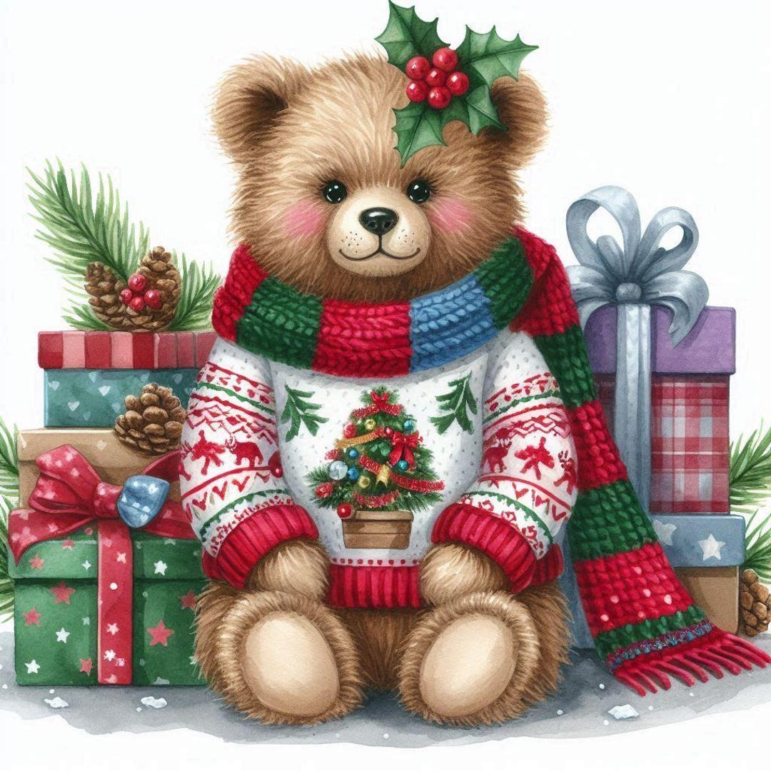 Christmas Wall Art, Teddy Bear in Sweater, Holiday Nursery Decor, Kids ...