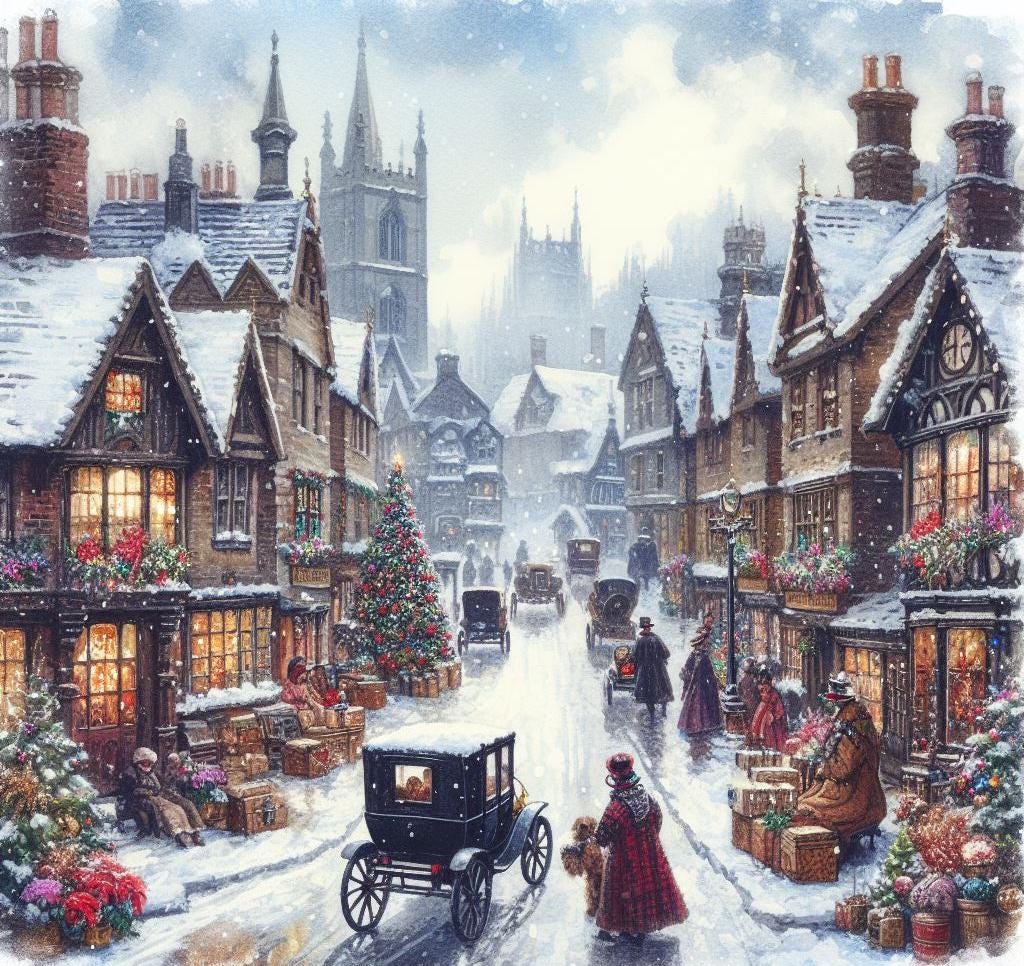 Victorian Christmas Scene, Snowy Street Art, Winter Holiday Decor ...