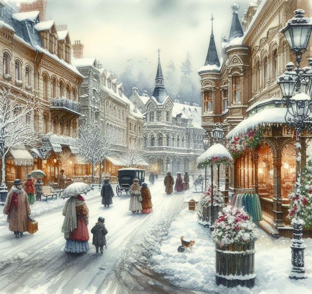 Victorian Winter Street Scene, Christmas Cityscape Art, Snowy ...