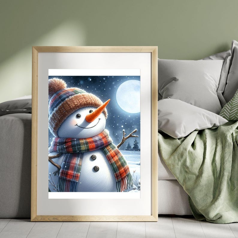 Christmas Wall Art, Snowman Print, Moonlit Winter Landscape, Cozy ...
