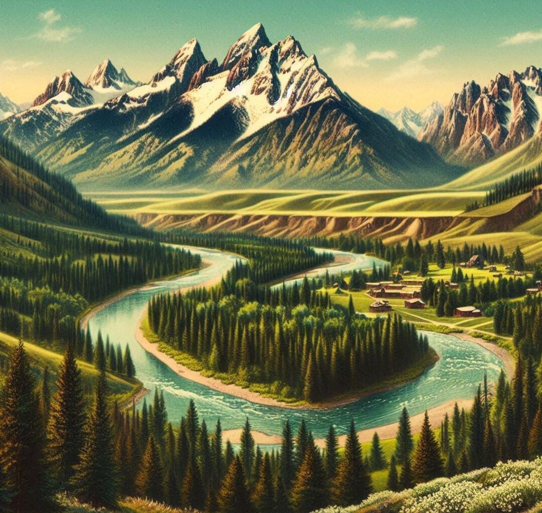 Mountain Landscape Art Print, River Valley Wall Decor, Snowy Peaks ...