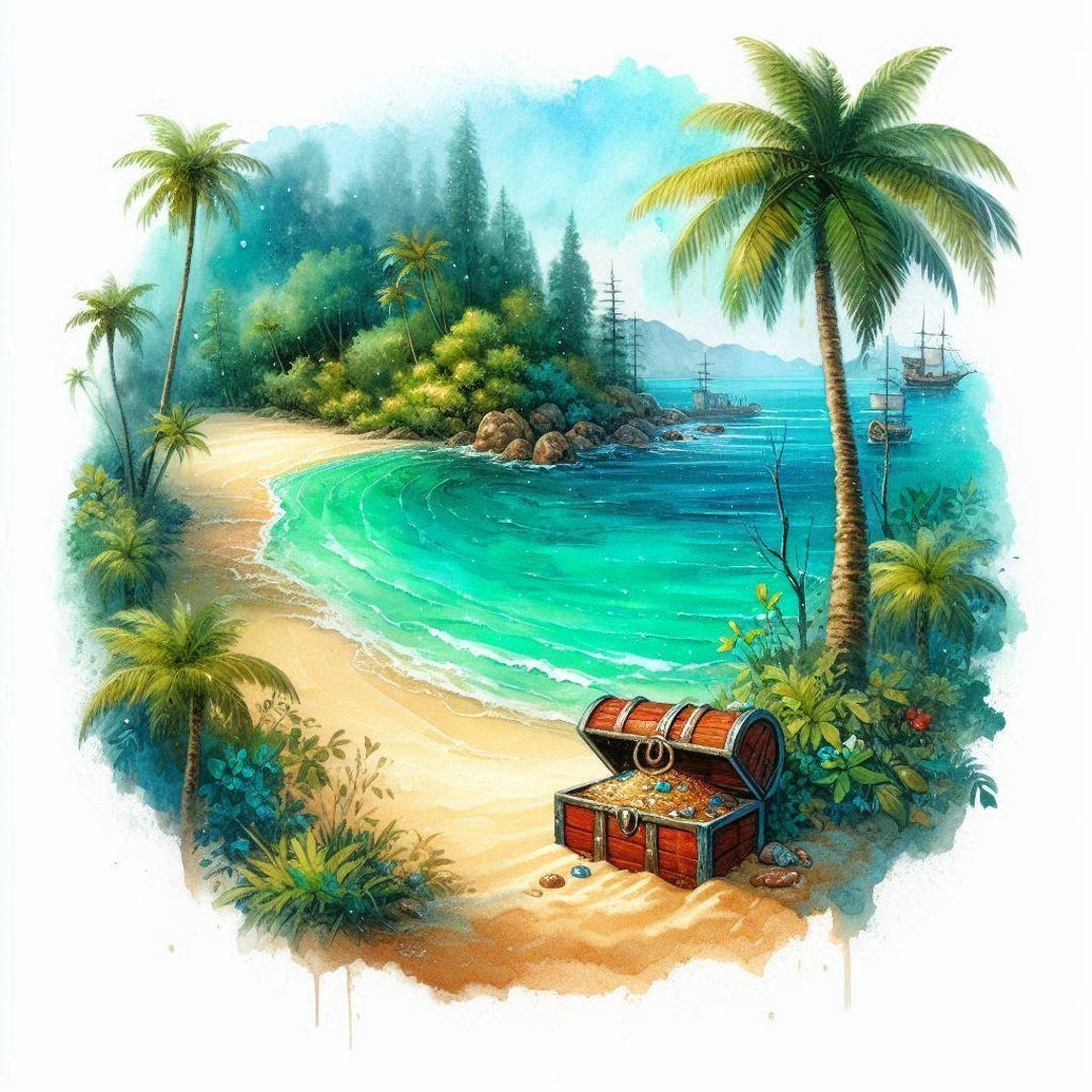 Treasure Island Art, Pirate Beach Print, Tropical Ocean Landscape ...