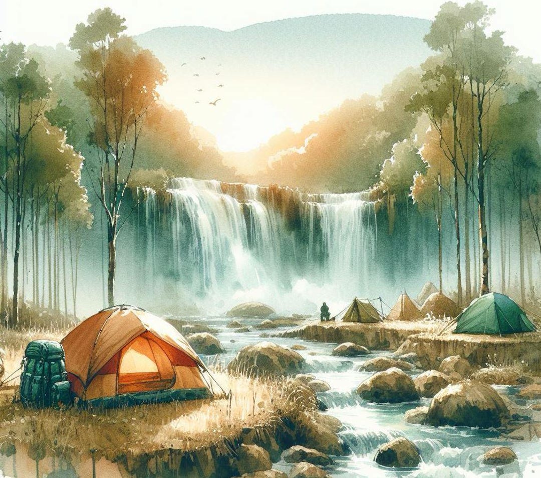 Camping Waterfall Landscape, Outdoor Nature Wall Art, Adventure Tent ...
