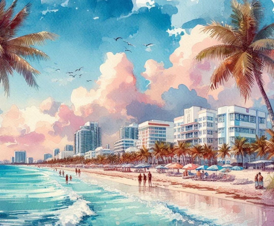 Miami Beach Wall Art, Tropical Oceanfront Print, Coastal City Poster ...
