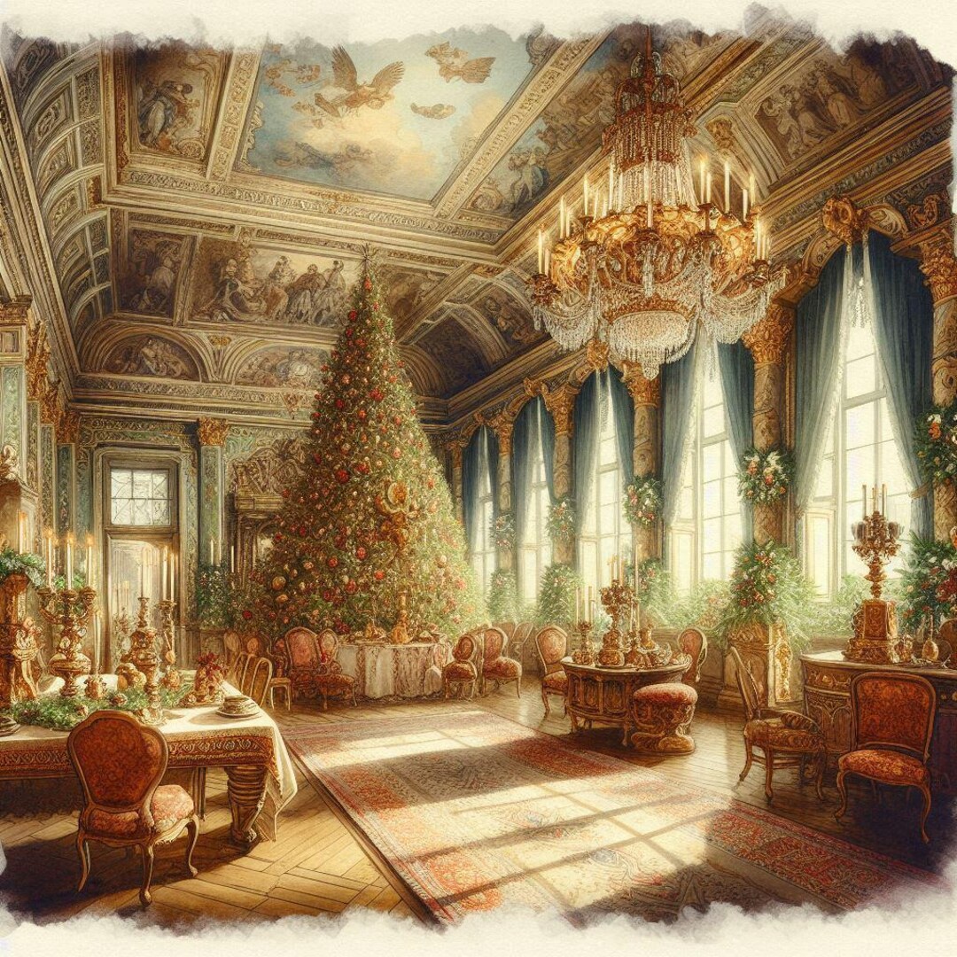 Victorian Christmas Ballroom, Grand Tree & Gold Chandelier, Royal ...