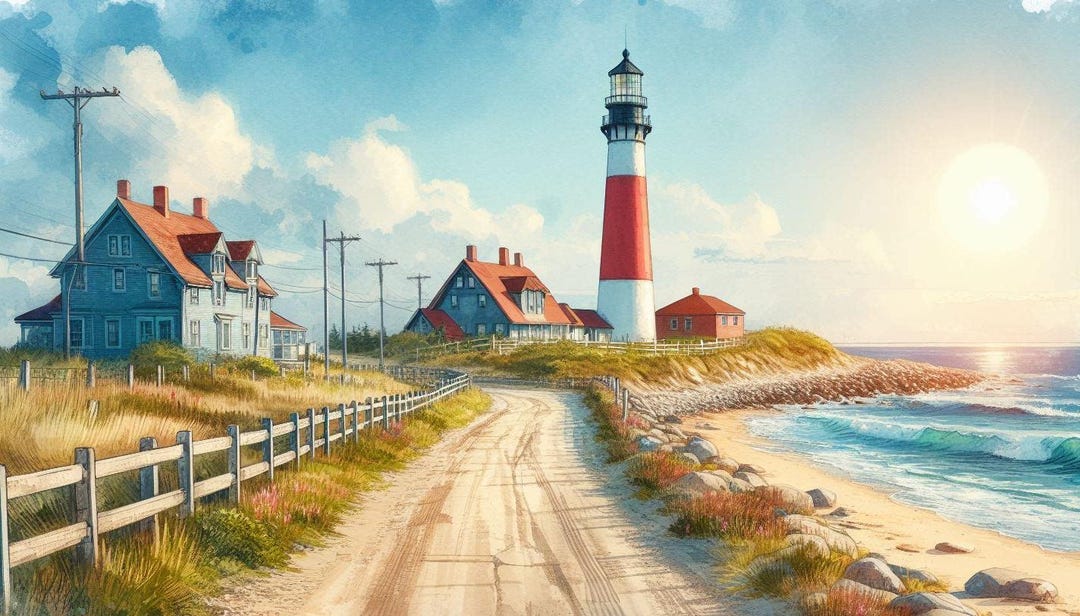 Coastal Lighthouse Print, Nautical Seaside Artwork, New England Beach ...