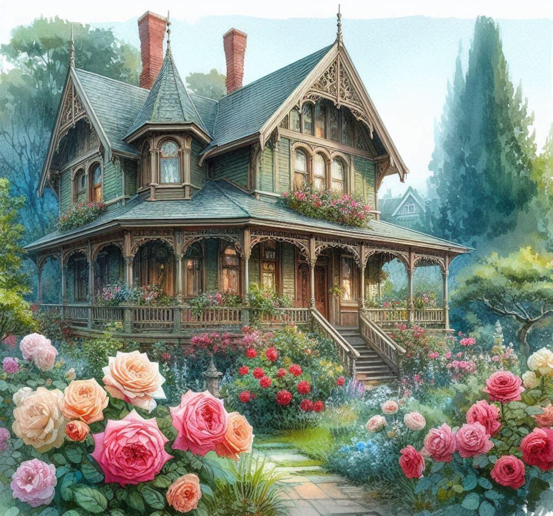 Victorian House Print, Gothic Mansion Watercolor, Cottagecore & Rustic ...