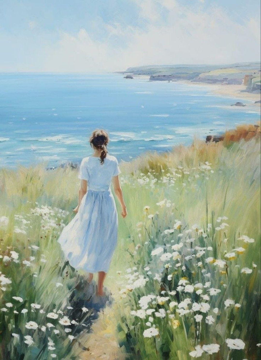 Coastal Landscape Print, Woman by the Sea Art, Beach Watercolor ...