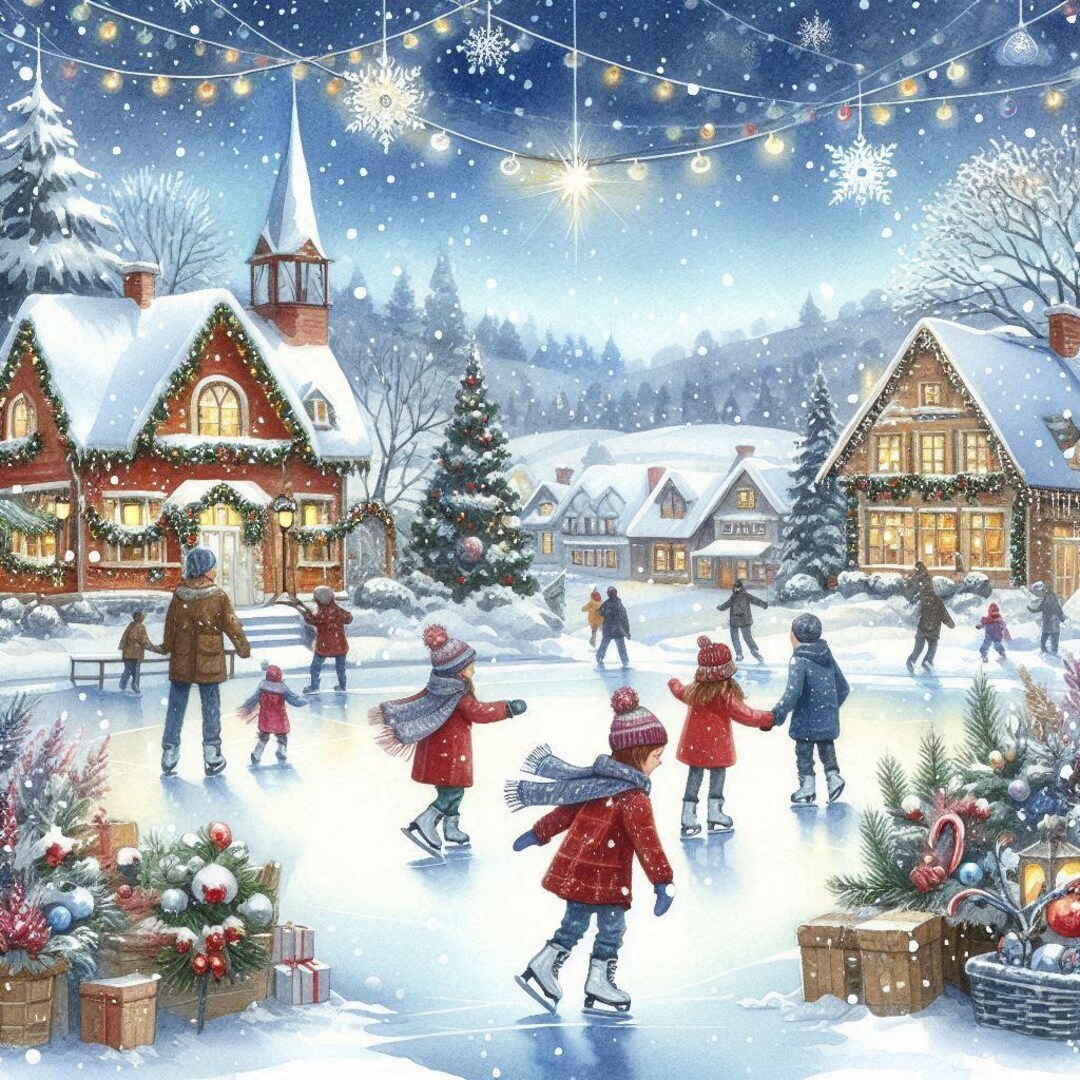 Christmas Ice Skating Print, Cozy Winter Village Scene, Festive Holiday ...