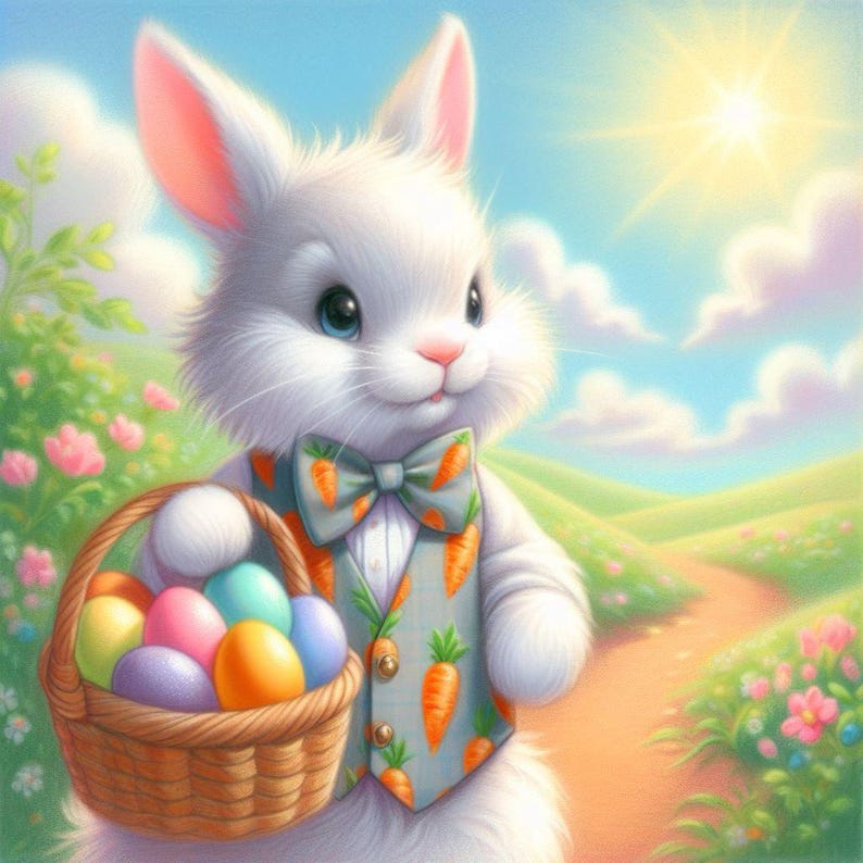 Easter Bunny Print, Cute Spring Rabbit Art, Pastel Easter Egg Basket ...
