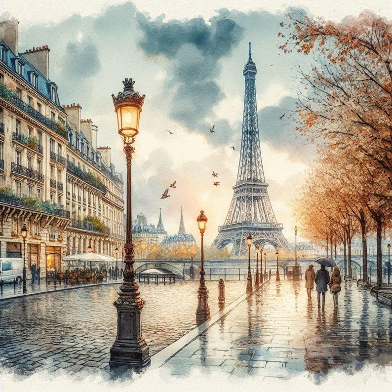 Paris Street Scene Wall Art, Eiffel Tower Autumn Print, Romantic Rainy ...