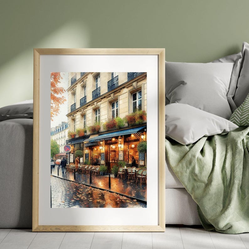 Paris Rainy Day Cafe Wall Art, Cozy Autumn Street Scene Digital ...