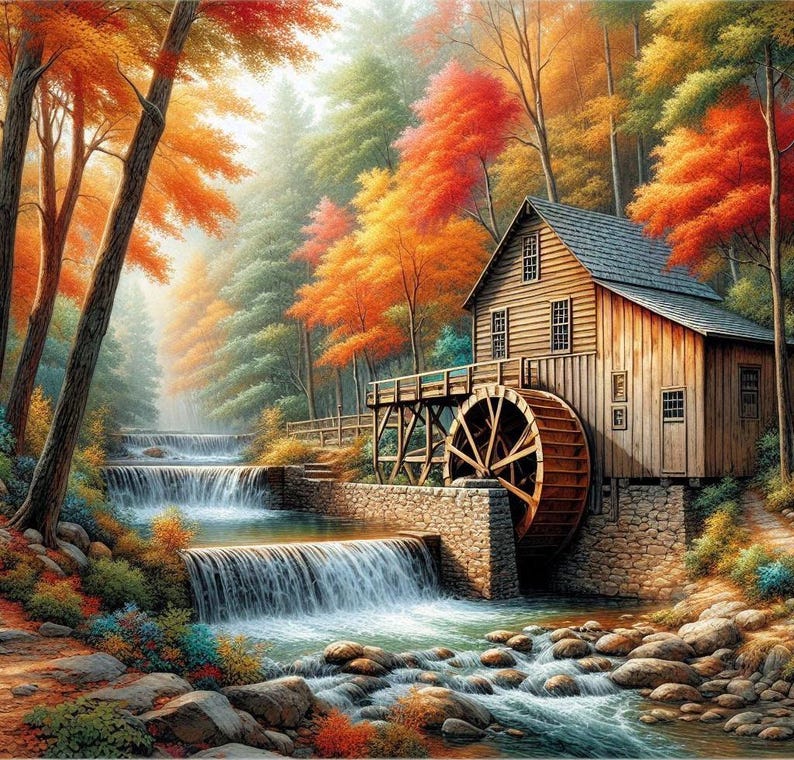 Autumn Watermill Painting, Rustic Fall Landscape Print, Waterfall Cabin ...