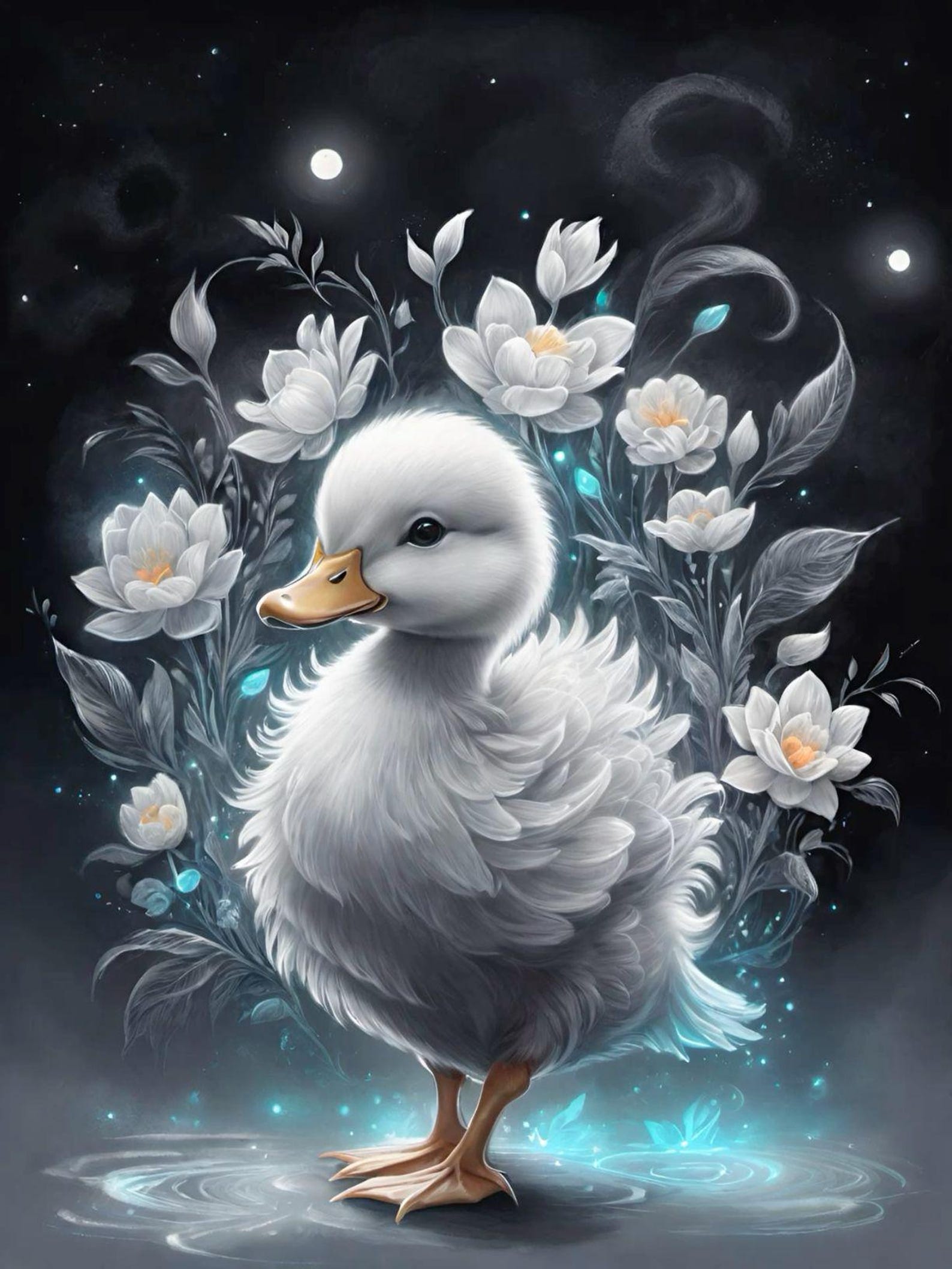 White Duckling Wall Art, Magical Moonlight Animal Print, Floral Night ...