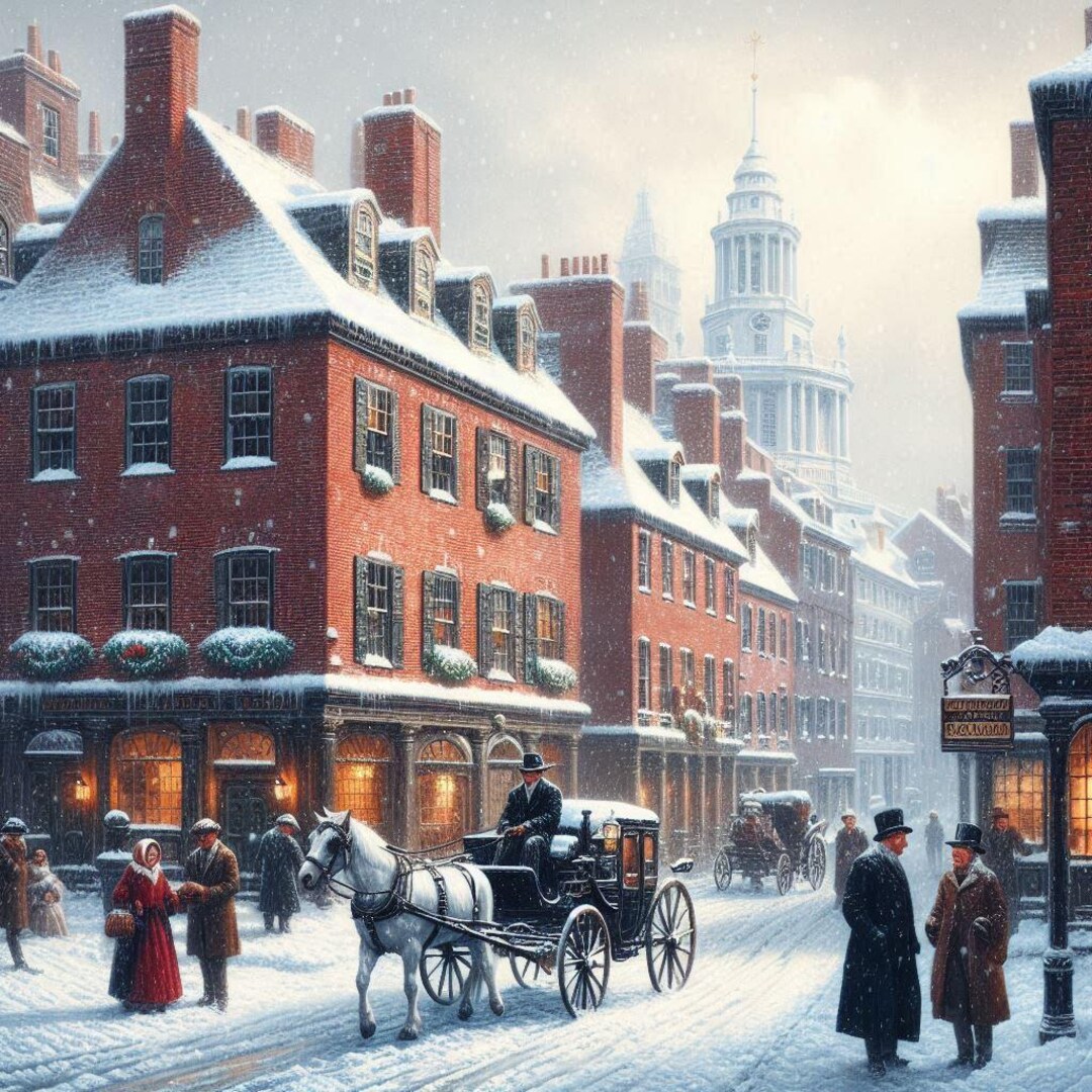 Victorian Winter City Art Print, Snowy Christmas Street Scene, Horse ...