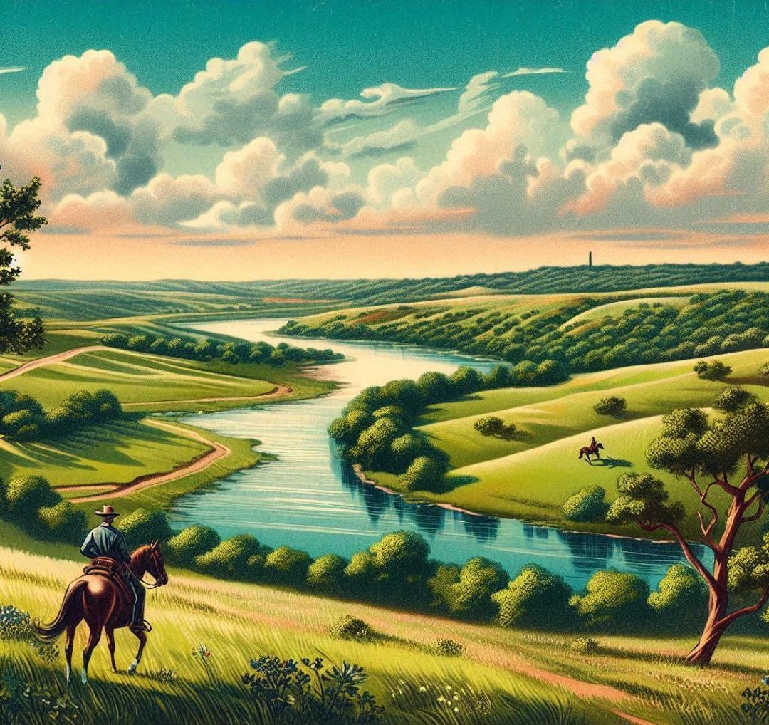 Cowboy River Print, Western Landscape Wall Art, Horseback Riding Poster ...
