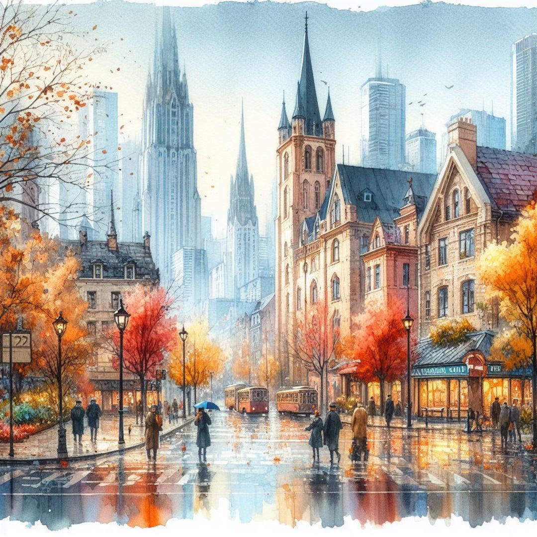 Autumn Cityscape Art Print, Cozy Fall Street Scene, Watercolor Urban ...