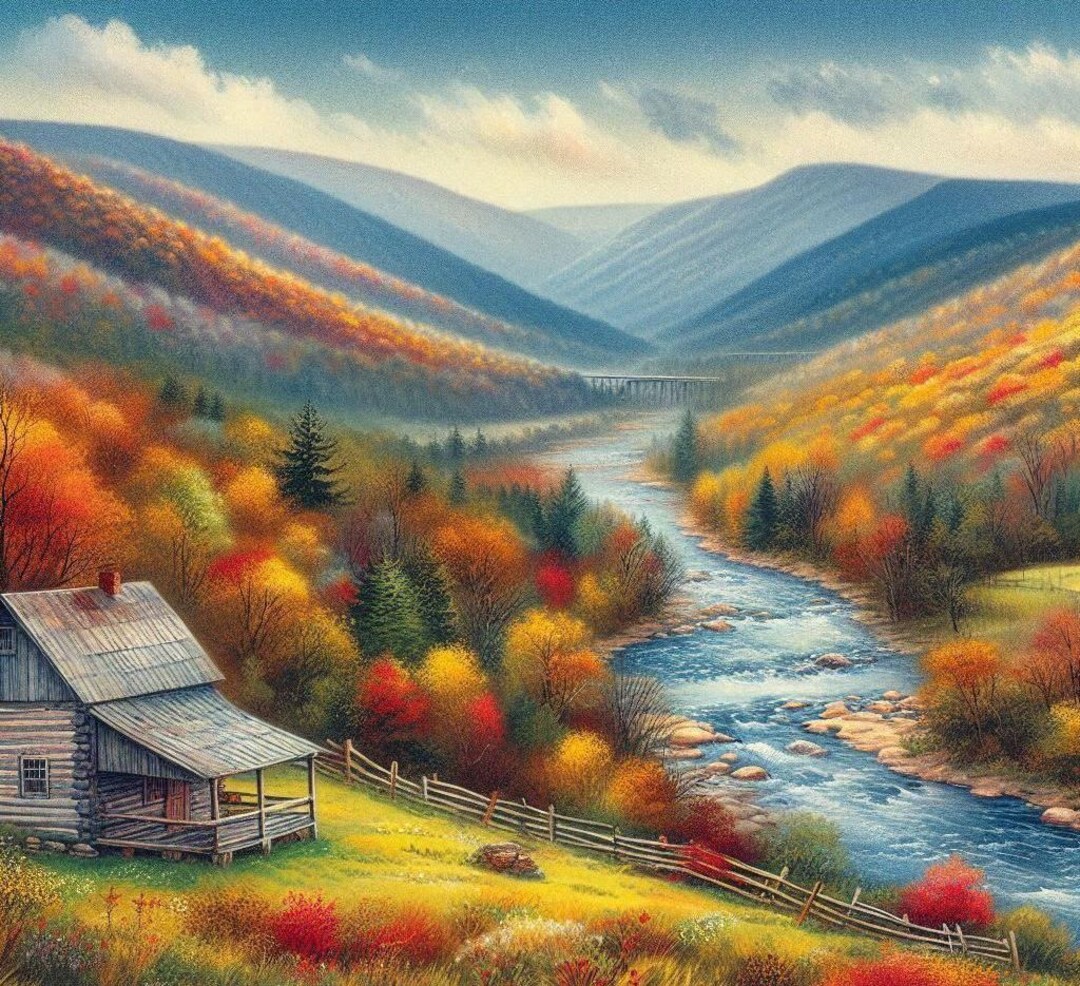 West Virginia Fall Print, Autumn Mountain River Poster, Rustic Cabin ...