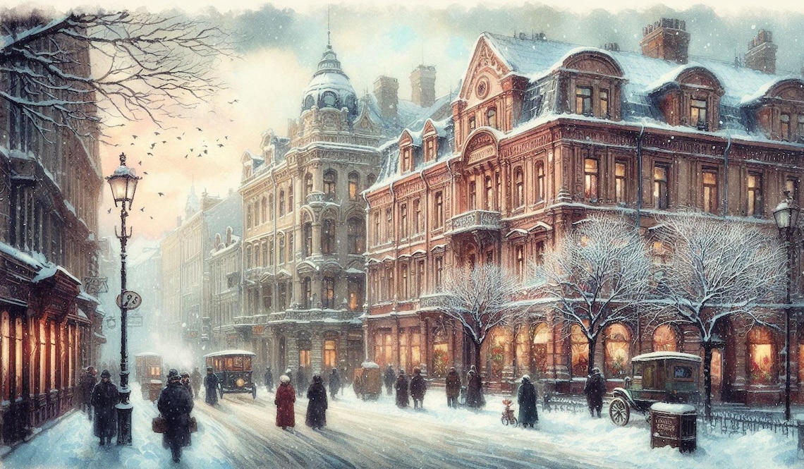 Victorian Winter Street Scene, Christmas Town Wall Art, Snowy ...