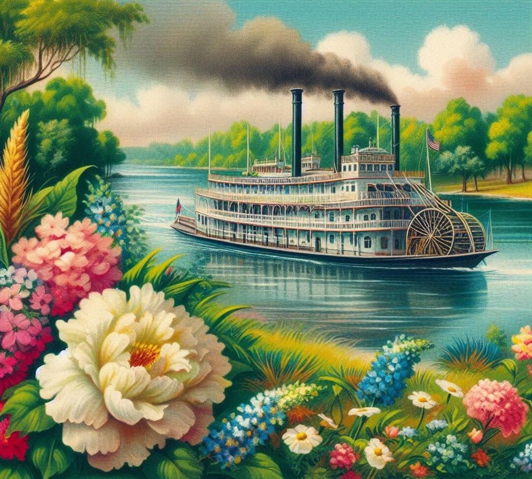 Mississippi Steamboat Print, Riverboat Floral Art, Southern Charm ...