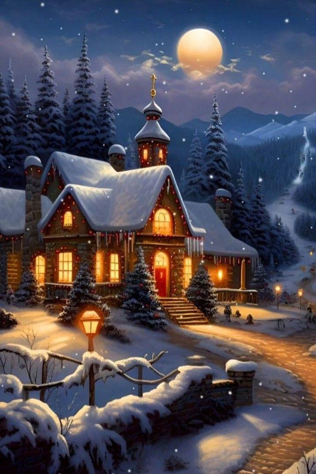 Winter Cottage Night Print, Snowy Christmas Scene, Cozy Holiday Wall ...
