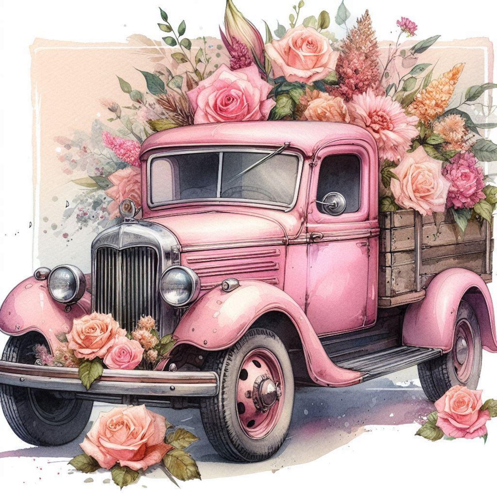 Vintage Truck Wall Art, Pink Floral Pickup Print, Country Farmhouse ...