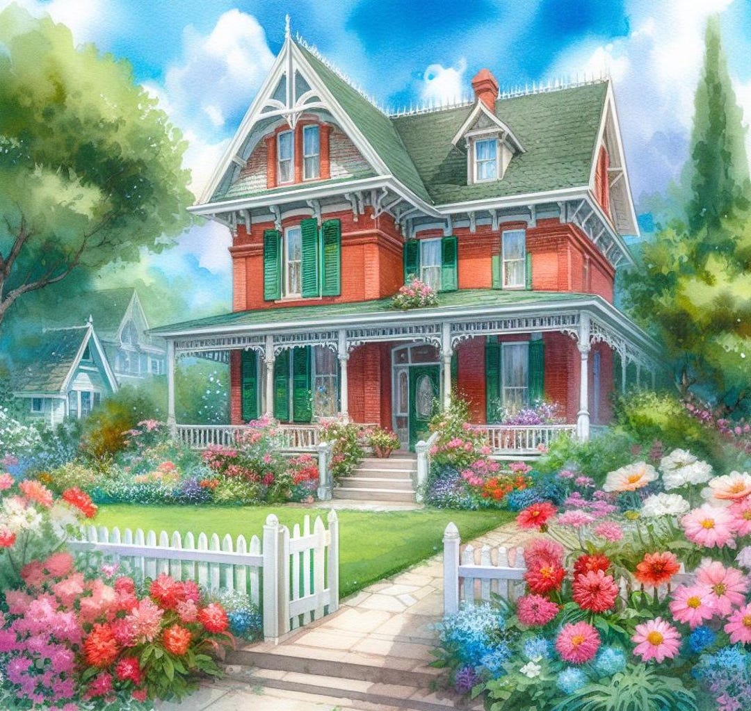 Victorian Red Brick House Print, Cottagecore Garden Art, Vintage Home ...
