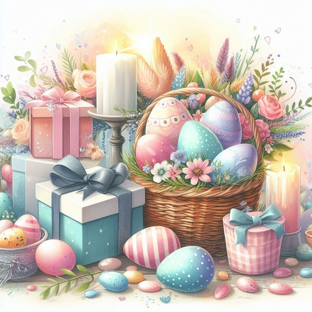 Easter Basket Art, Pastel Spring Decor, Festive Egg Illustration ...