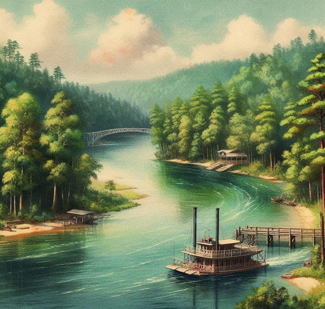 Southern River Steamboat Print, Forest River Wall Art, Vintage ...