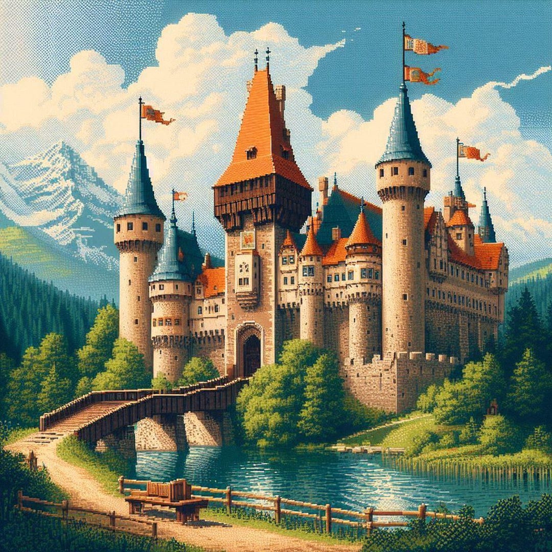 Pixel Art Castle Print, Medieval Fortress in the Alps Poster, Fantasy ...