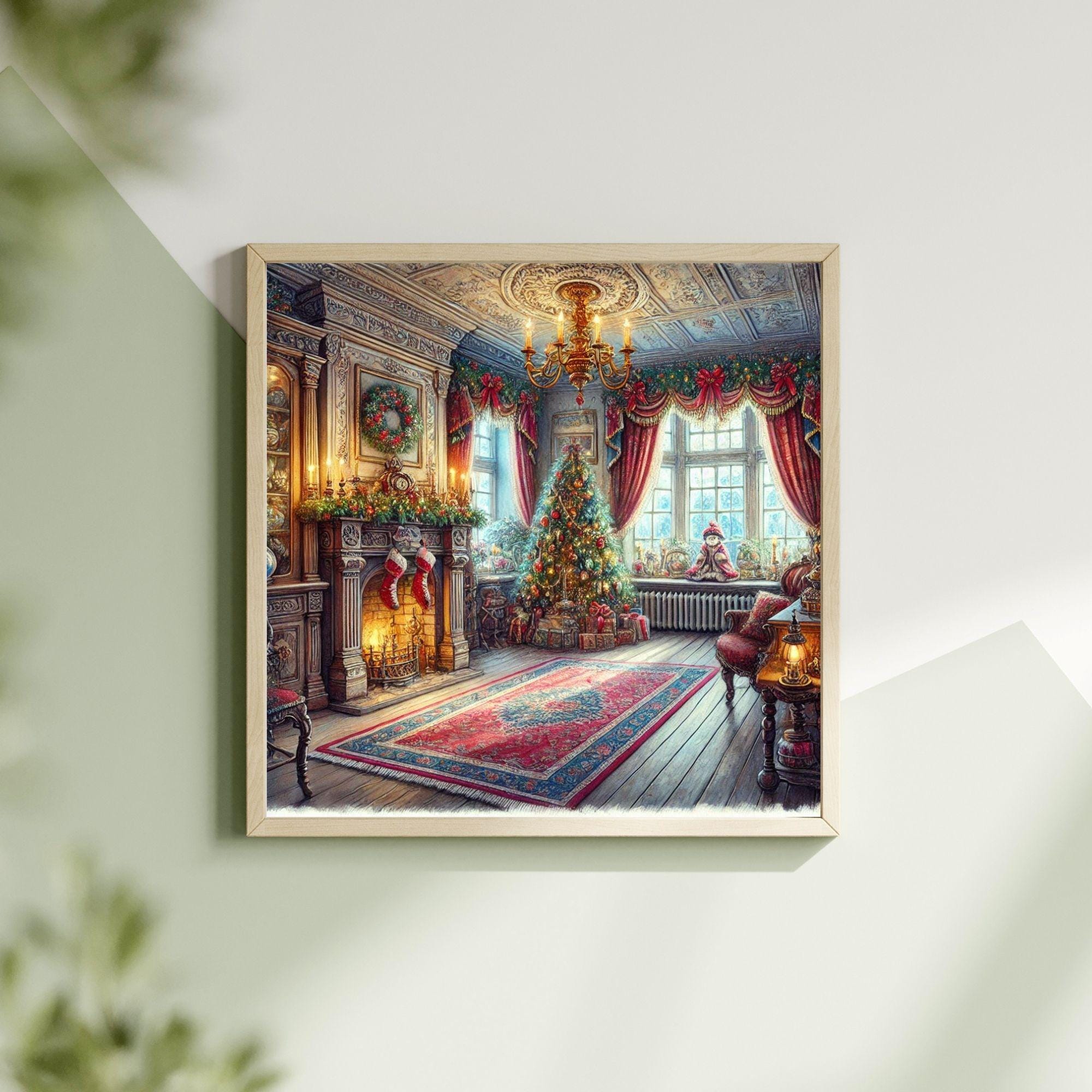 Victorian Christmas Living Room, Cozy Fireplace Stockings, Grand Tree ...