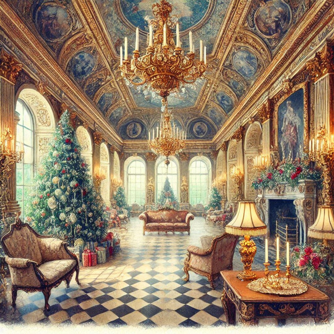 Victorian Christmas Palace, Grand Hall With Trees, Gold Chandeliers ...