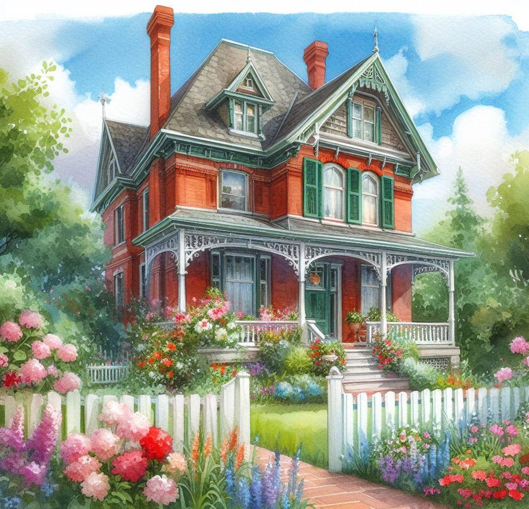 Victorian Red Brick House Print, Gothic Home Wall Art, Haunted Mansion ...