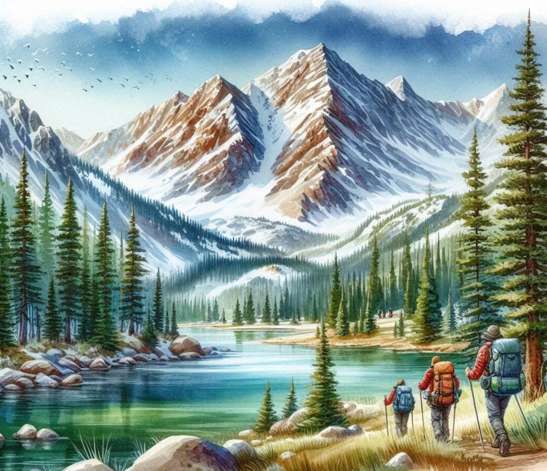Mountain Wall Art, Hiking Adventure Painting, Alpine Lake Print, Nature ...