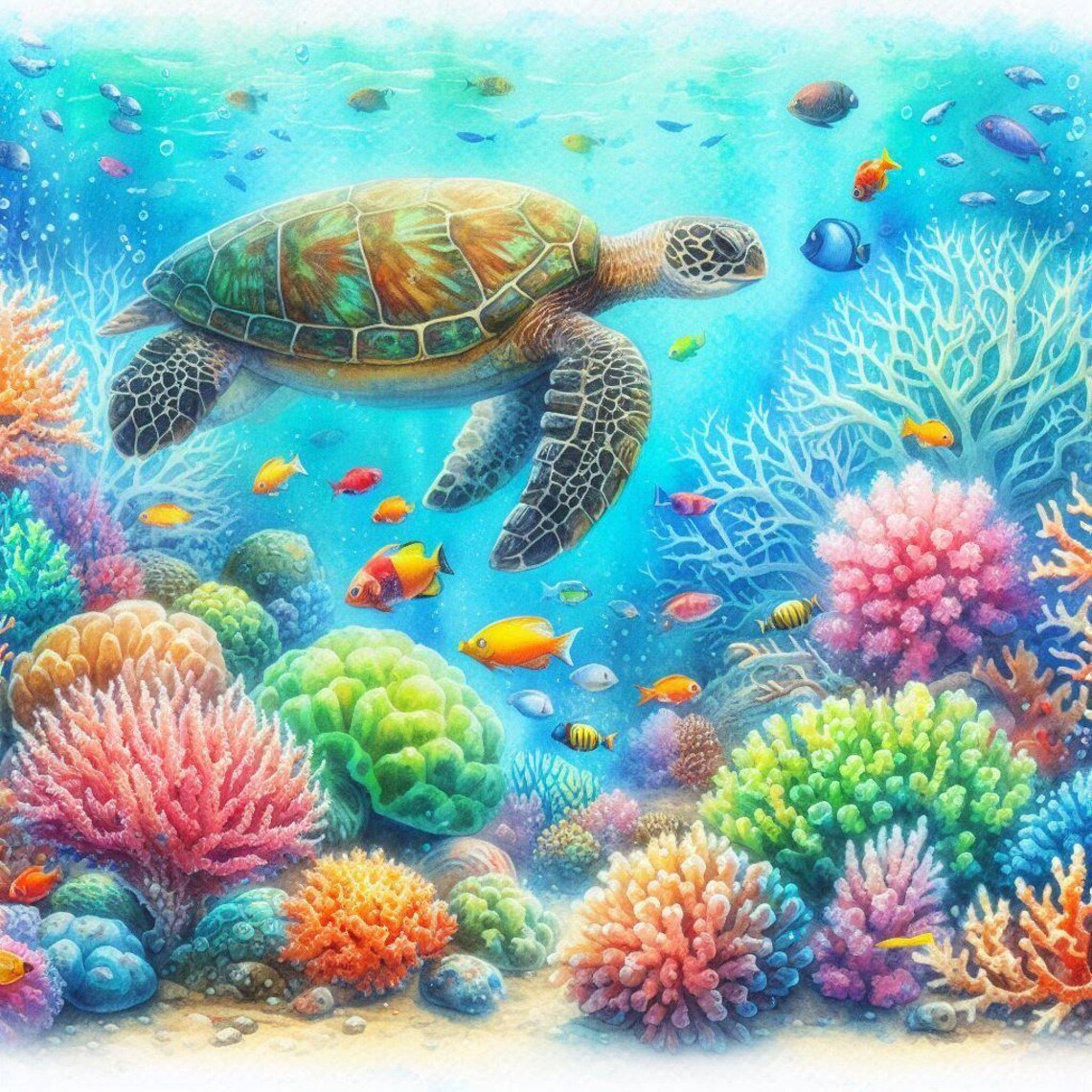 Sea Turtle Print, Underwater Coral Reef Wall Art, Ocean Life Digital ...