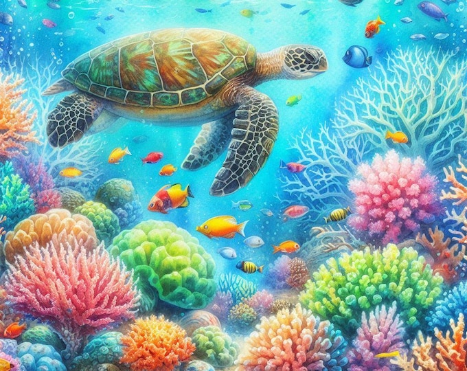 Realistic Sketch of a Majestic Sea Turtle Swimming Over a Coral Reef ...