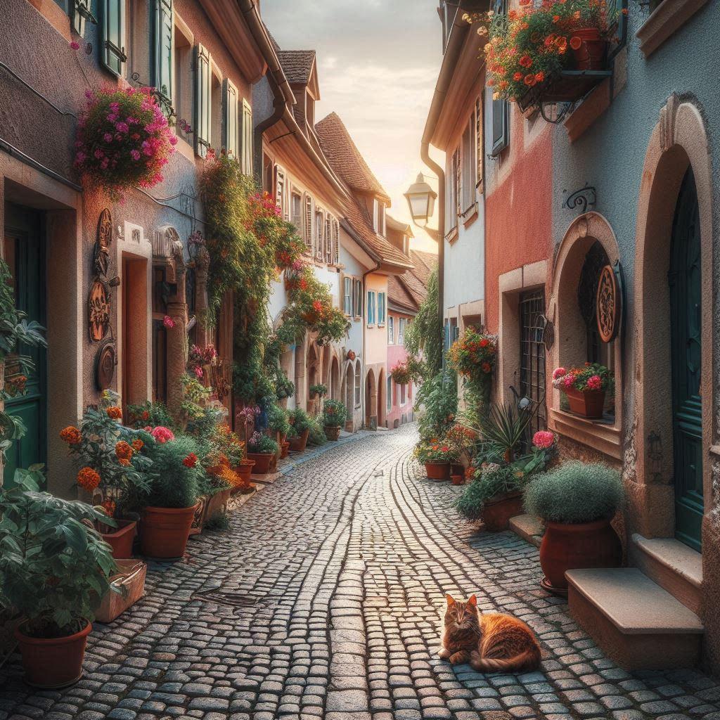 European Village Street Art, Rustic Cobblestone Alley Print, Floral Old ...