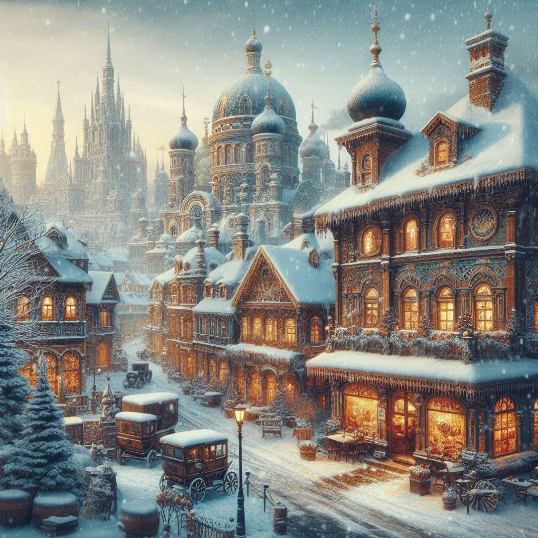 Victorian Winter Scene, Snowy Christmas Town, Vintage Holiday Wall Art ...