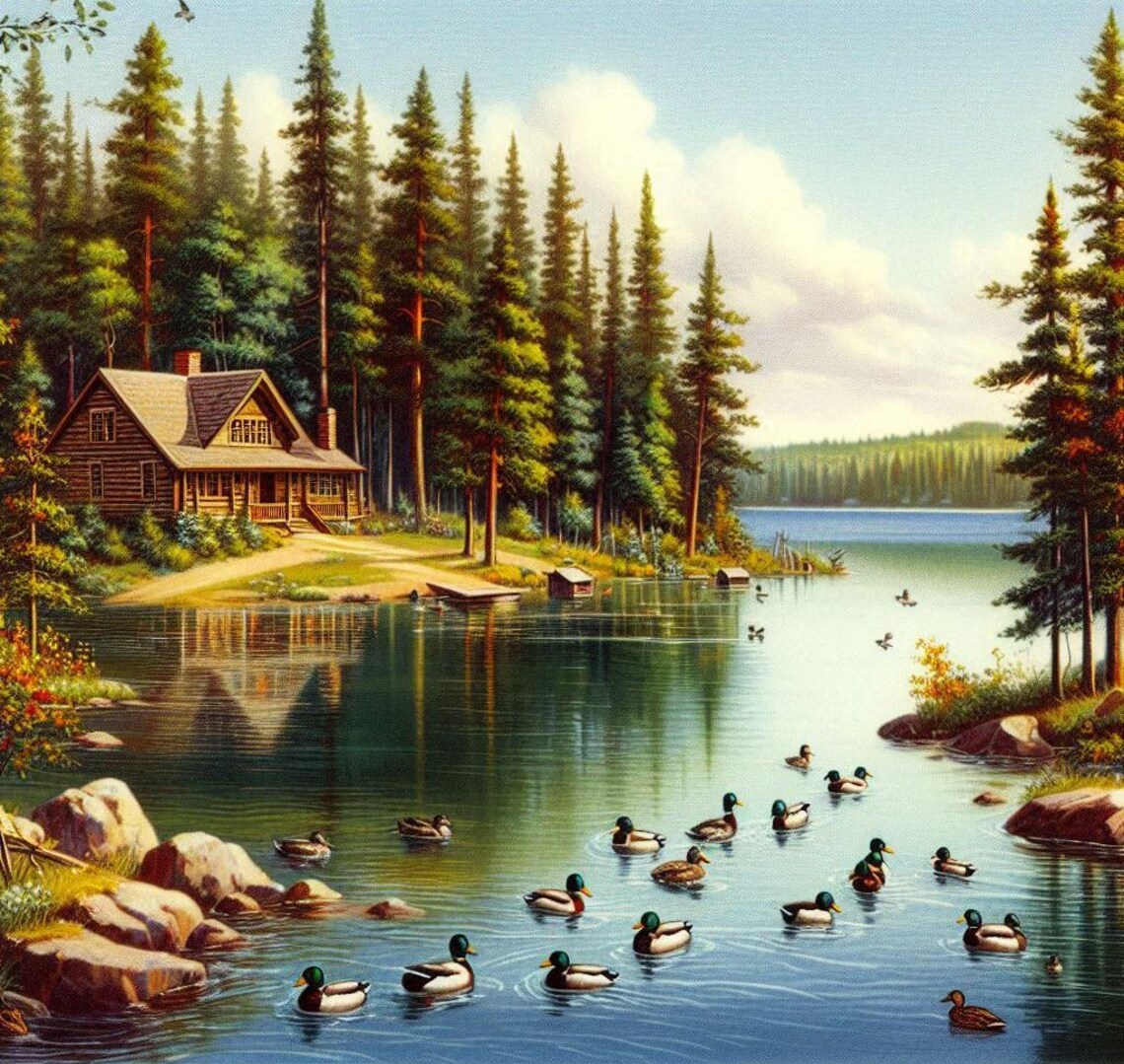 Duck Lake Cabin Wall Art, Forest Pond Print, Rustic Lodge Decor ...