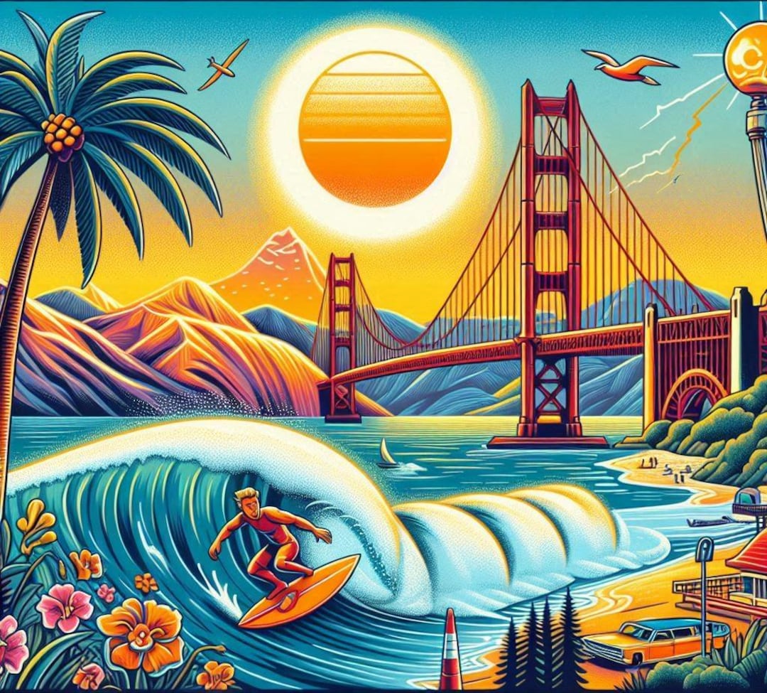 California Surf Art Print, Golden Gate Bridge Poster, Retro Travel ...