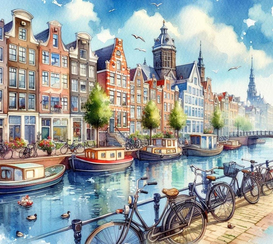 Amsterdam Canal Print, Dutch Cityscape Wall Art, Vintage Watercolor ...