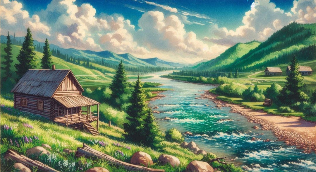 Rustic Cabin Landscape Print, Mountain River Wall Art, Nature Scenery ...