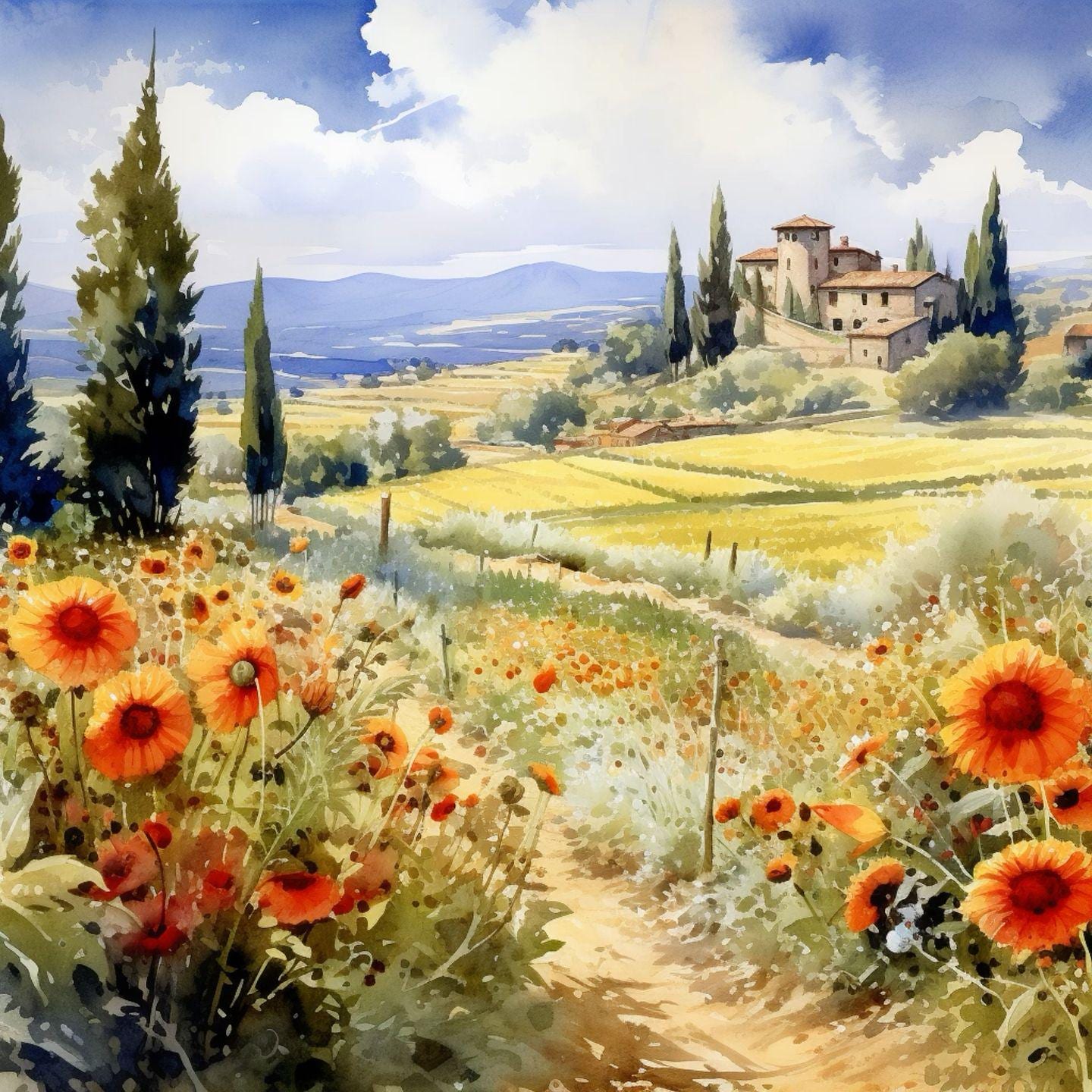 Tuscany Landscape Print, Italian Countryside Art, Sunflower Field ...