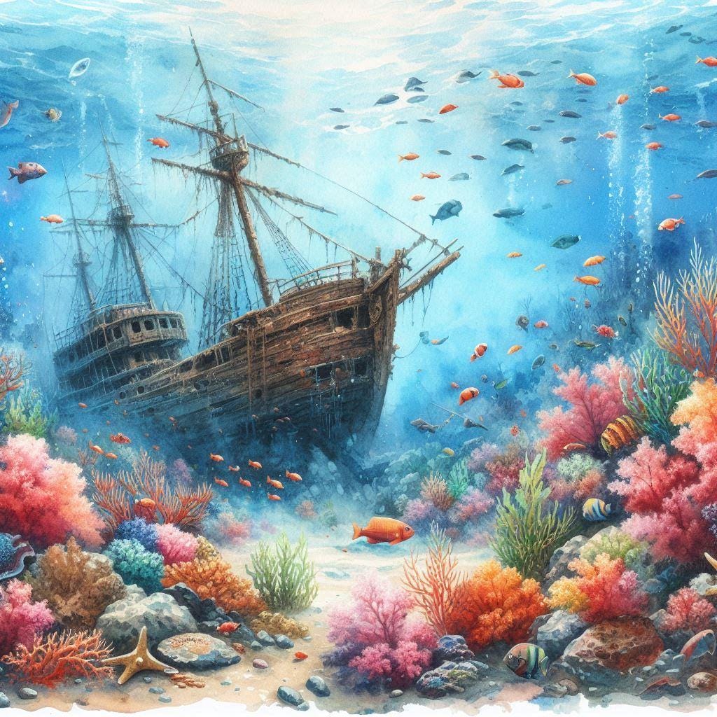 Shipwreck Print, Underwater Treasure Wall Art, Sunken Pirate Ship ...