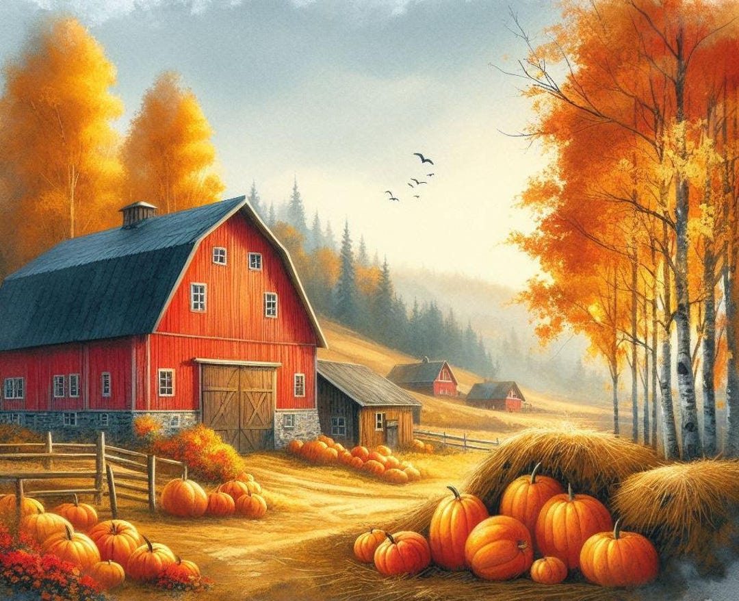 Fall Farm Print, Red Barn Autumn Scene, Pumpkin Patch Wall Art, Rustic ...