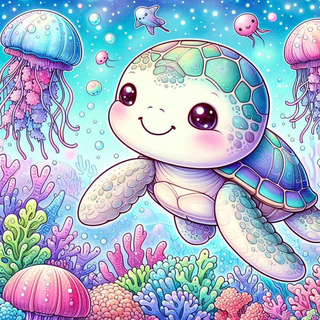 Cute Sea Turtle Print, Ocean Nursery Wall Art, Kawaii Marine Animal ...