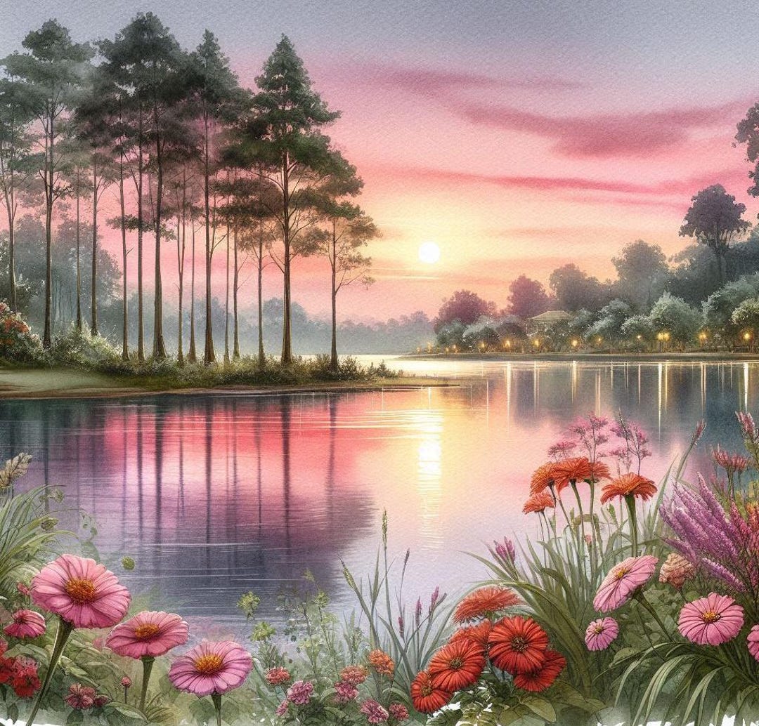 Romantic Sunset Lake Print, Floral Landscape Wall Art, Pink Sky Nature ...