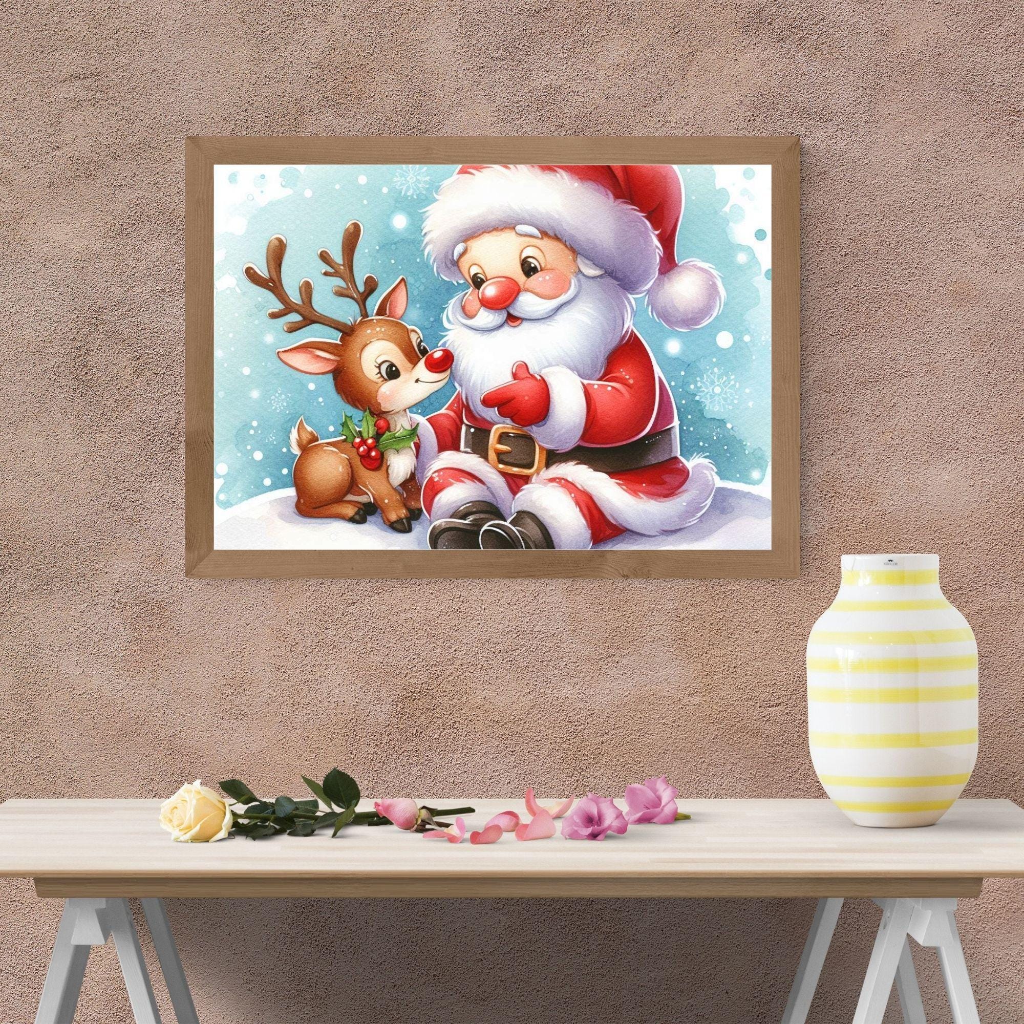 Digital Art Print, Santa and Reindeer, Christmas Kids Room Decor, Cute ...
