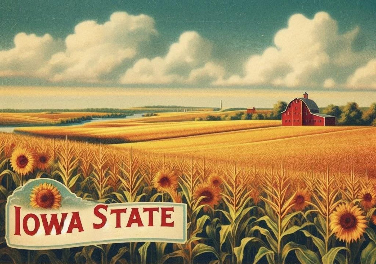 Iowa State Wall Art, Vintage Cornfield Print, Red Barn Farm Landscape ...