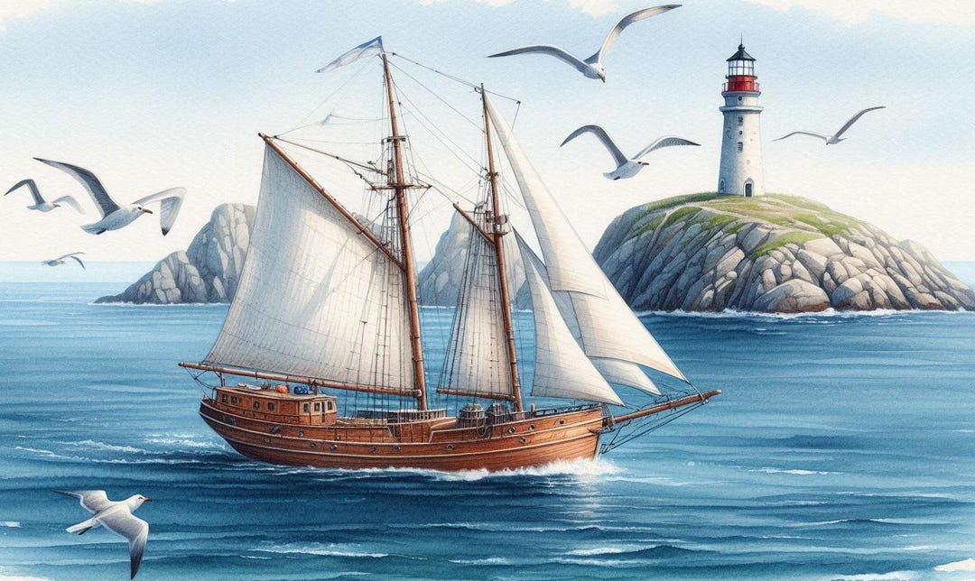 Sailing Ship Art Print, Nautical Watercolor Illustration, Lighthouse ...